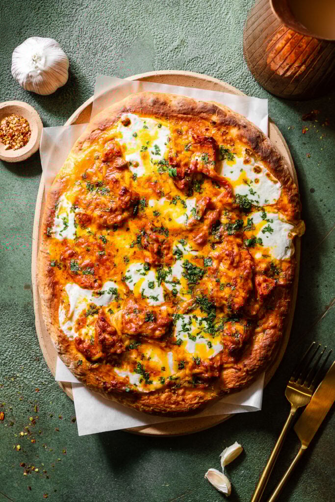 Butter Chicken Garlic Naan Pizza - Masala and Chai